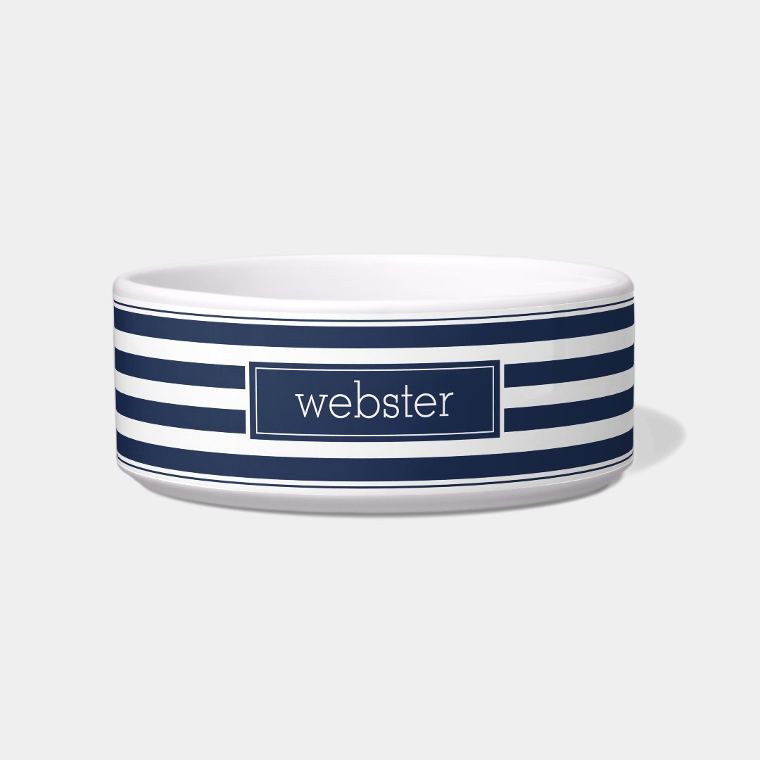 Preppy Personalized Navy Blue Stripe Pet Bowl | Zazzle