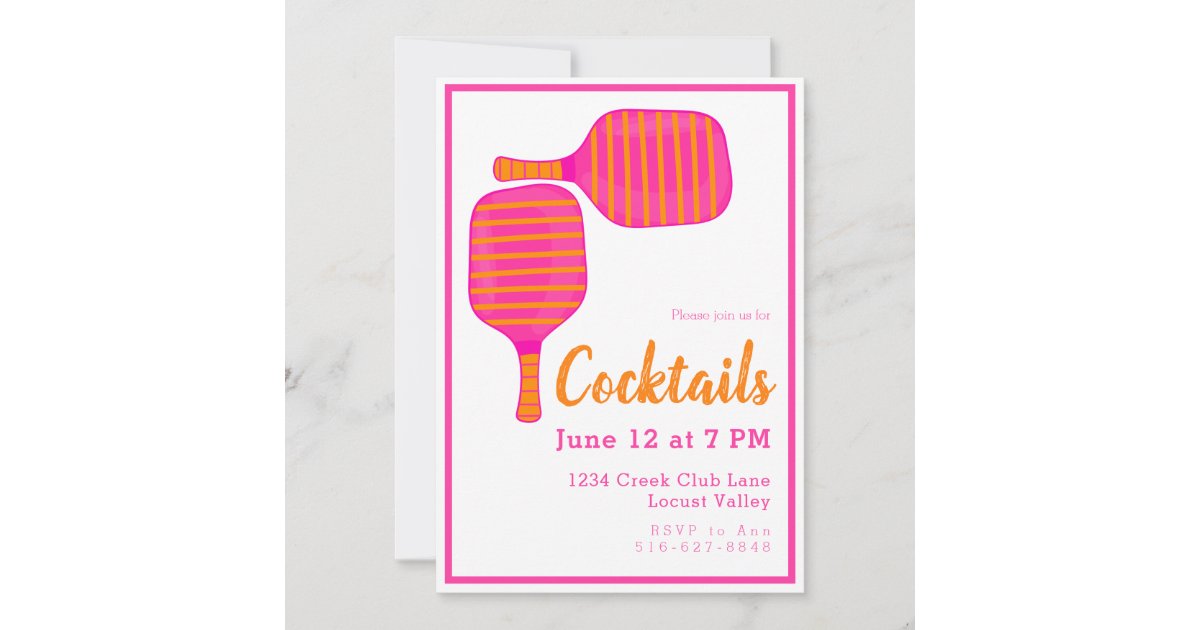 Preppy Pickleball Cocktail Party Pink Orange Invitation | Zazzle