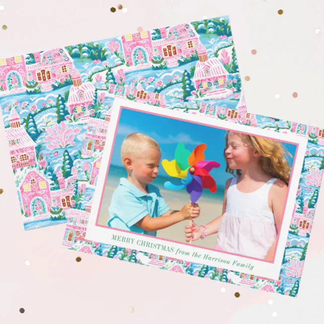 Preppy Pink and Blue Christmas Village Photo Holiday Card | Zazzle
