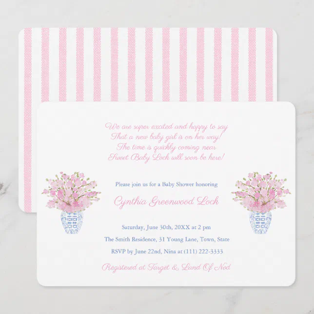 Preppy Pink And Blue Little Girl Baby Shower Party Invitation | Zazzle