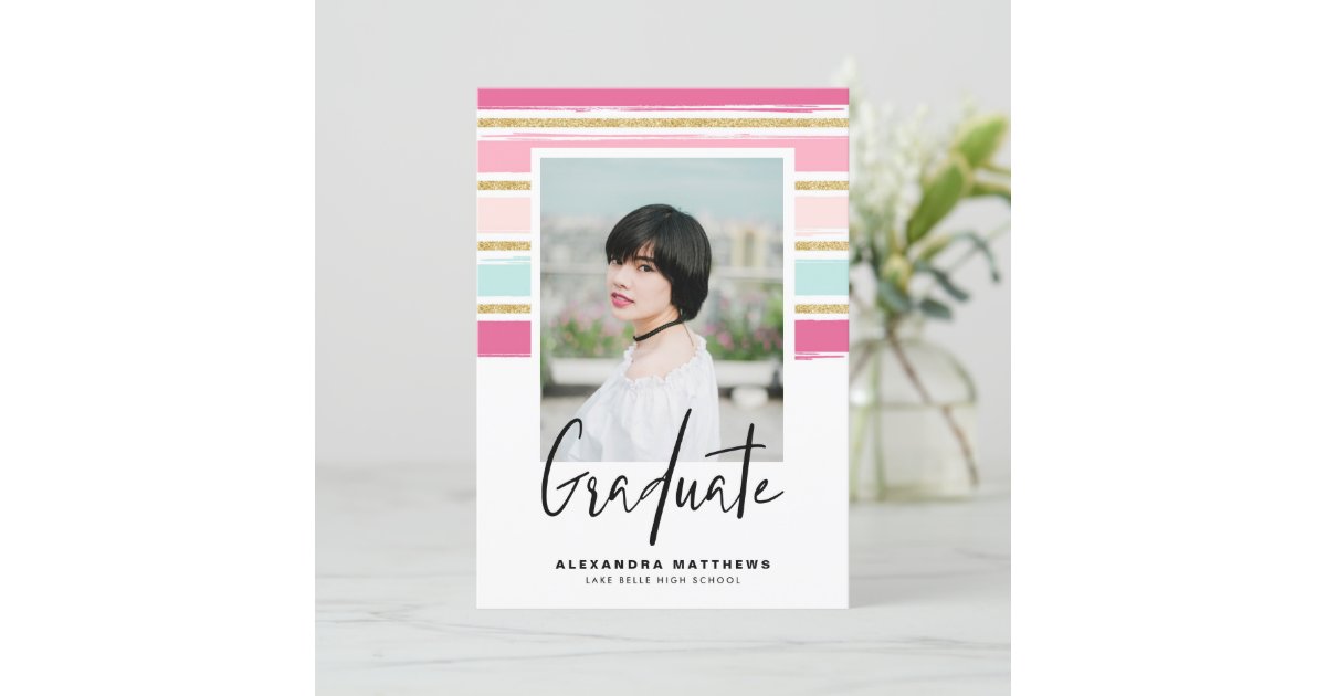 Preppy Pink and Gold Glitter Photo Graduation Invitation | Zazzle