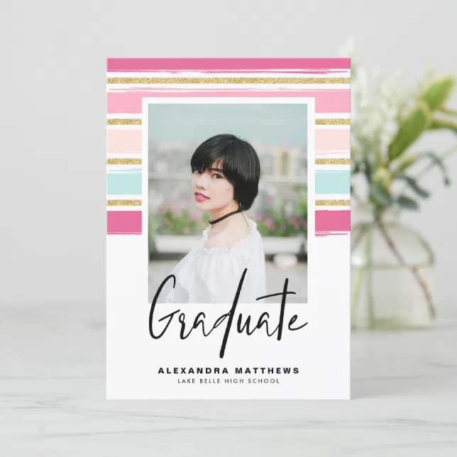 Preppy Pink and Gold Glitter Photo Graduation Invitation | Zazzle