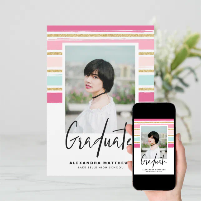 Preppy Pink and Gold Glitter Photo Graduation Invitation | Zazzle