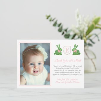 Preppy Pink And Green Boxwood Bunny Baptism Photo Thank You Card | Zazzle