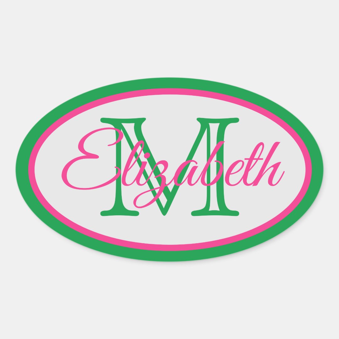 Preppy Pink and Green Monogram Oval Sticker | Zazzle