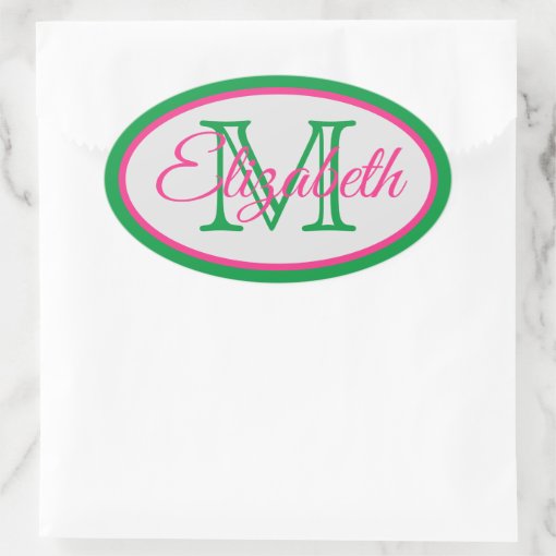Preppy Pink and Green Monogram Oval Sticker | Zazzle