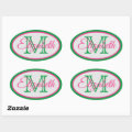Preppy Pink and Green Monogram Oval Sticker | Zazzle