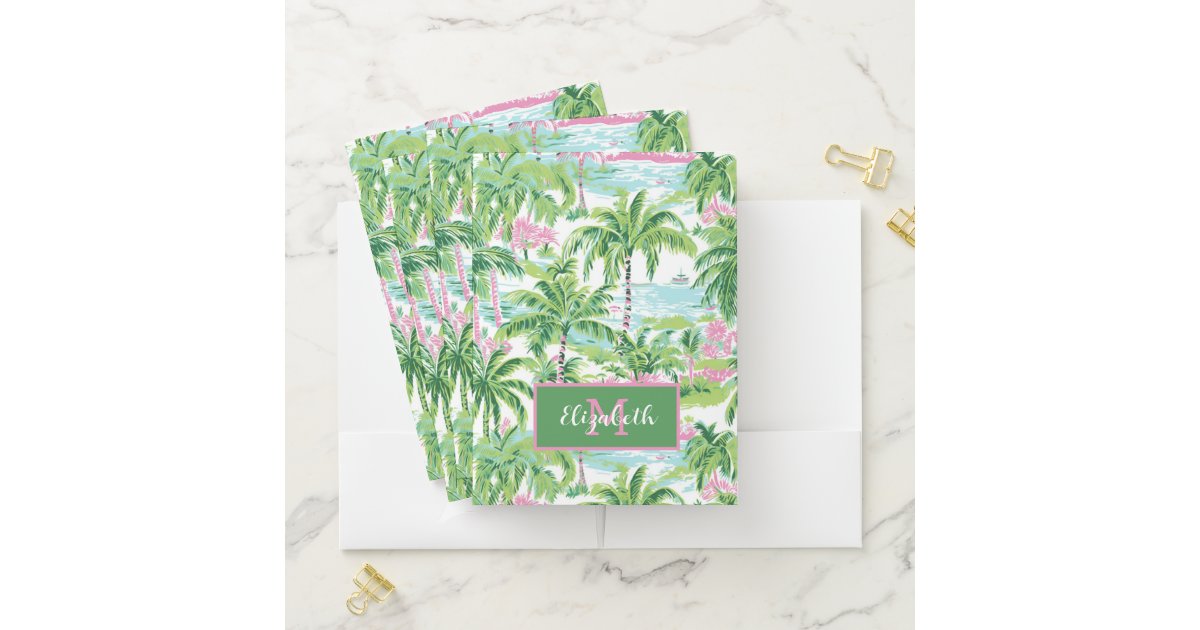 Preppy Pink and Green Palm Trees Monogram Pocket Folder | Zazzle
