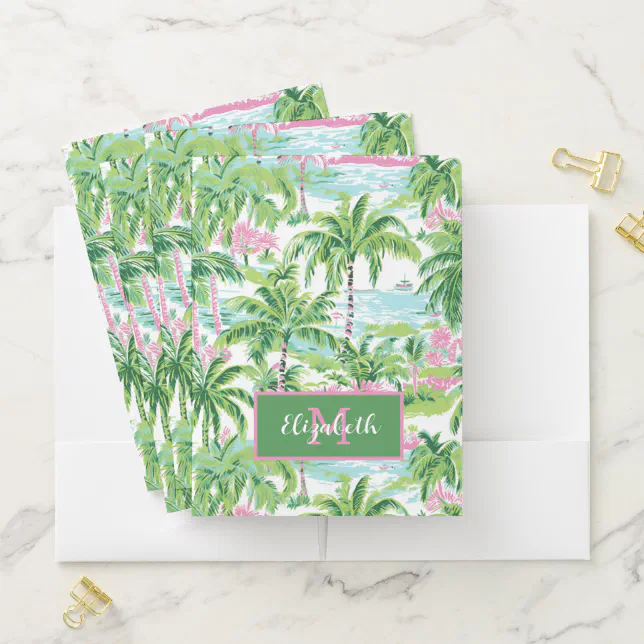 Preppy Pink and Green Palm Trees Monogram Pocket Folder | Zazzle