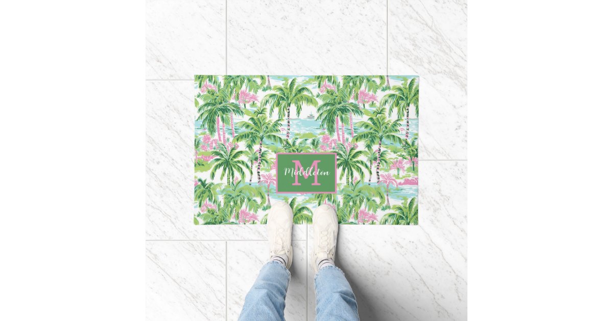 Preppy Pink and Green Tropical Palm Trees Monogram Doormat | Zazzle