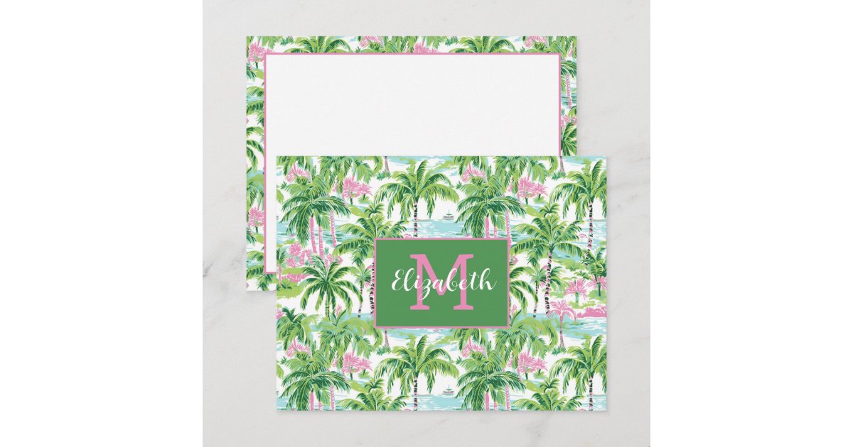 Preppy Pink and Green Tropical Palm Trees Monogram Note Card | Zazzle