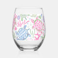 Preppy Pink Blue Sea Turtles Stemless Wine Glass | Zazzle