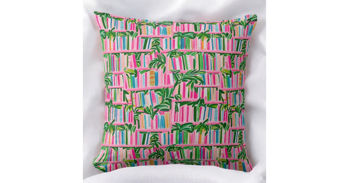 Preppy Pink Bookcase Tropical Throw Pillow | Zazzle