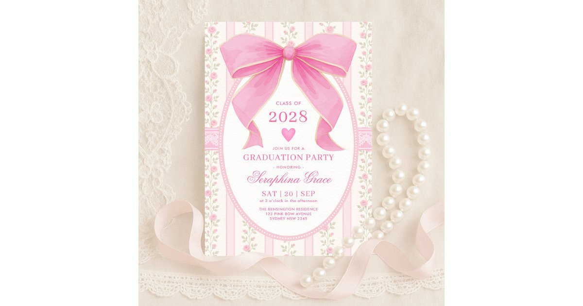 Preppy Pink Bow Cottagecore Graduation Party Invitation | Zazzle