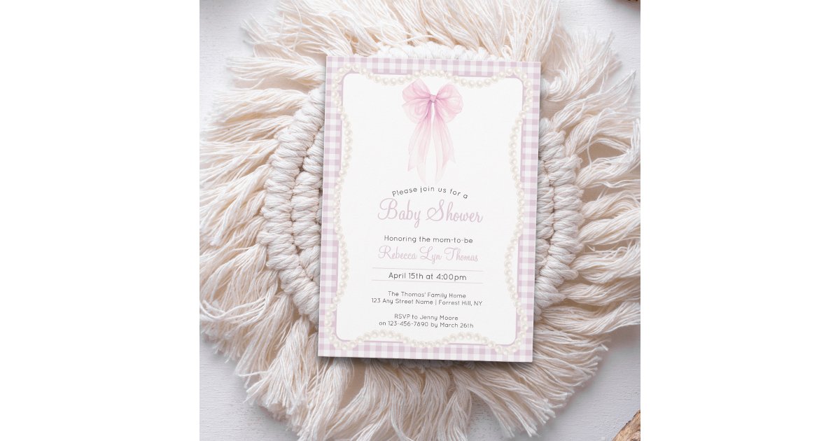 Preppy pink bow gingham grandmillenial baby shower invitation | Zazzle