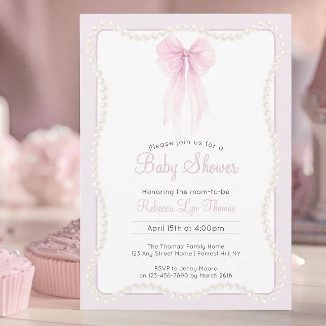 Preppy pink bow pearls grandmillenial baby shower invitation | Zazzle