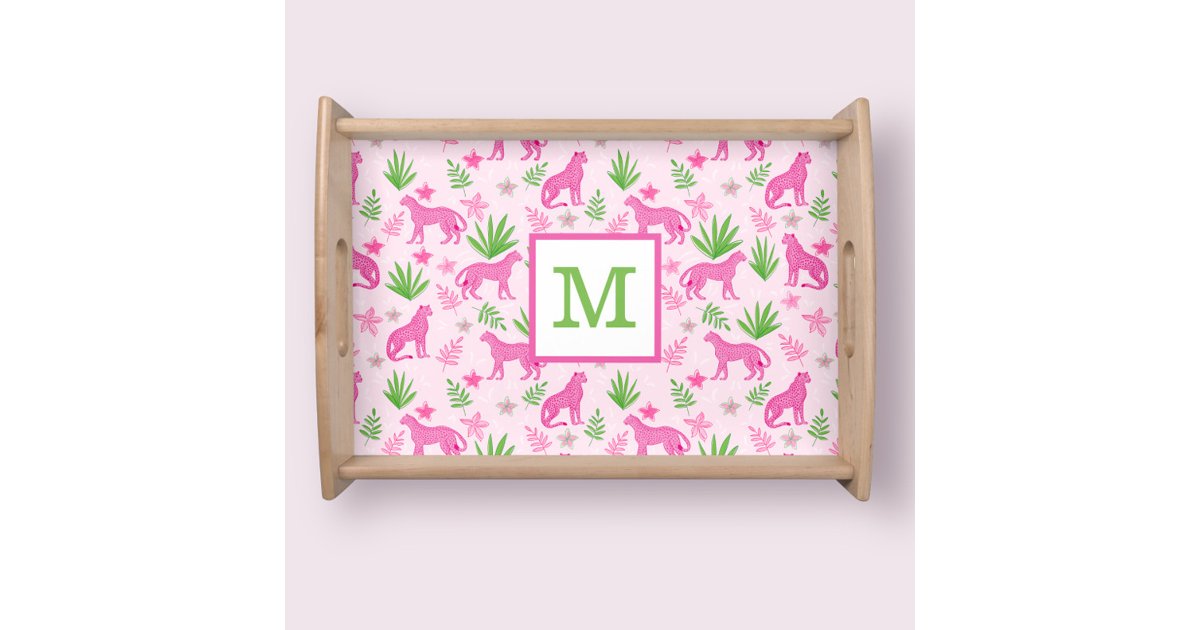 Preppy Pink Cheetah Monogram Serving Tray | Zazzle