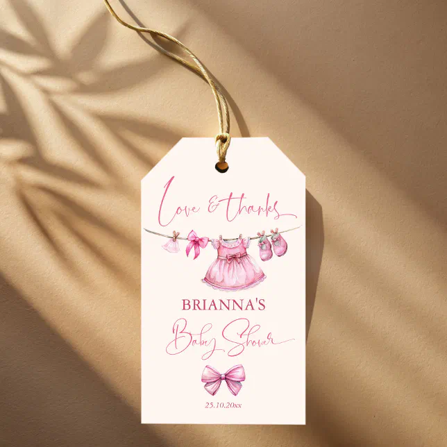 Preppy pink clothes on a line baby shower favor gift tags | Zazzle