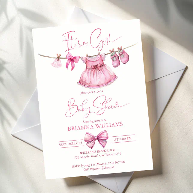 Preppy pink clothes on a line girls baby shower invitation | Zazzle
