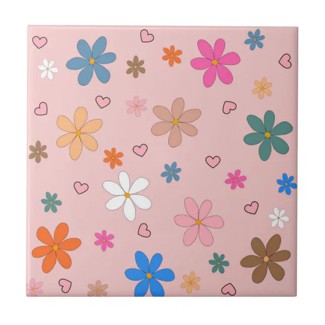 Preppy Pink Colorful Flower Heart Y2K Pattern Ceramic Tile | Zazzle