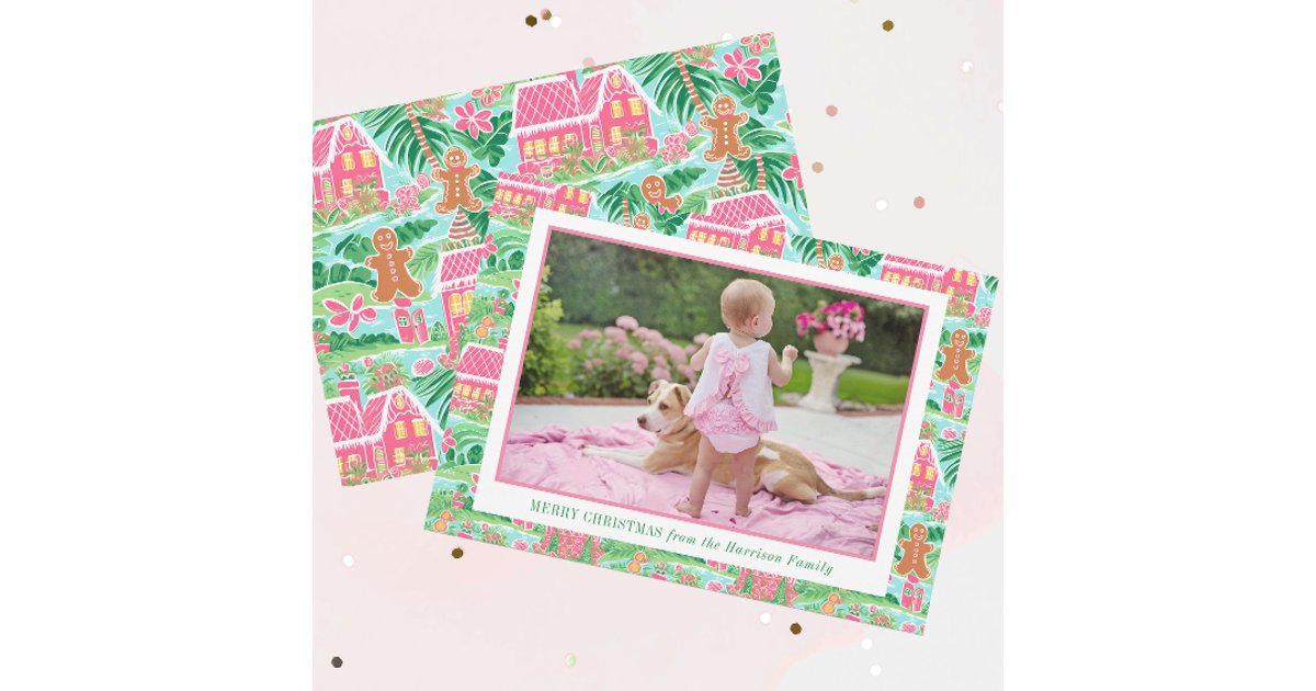 Preppy Pink Gingerbread Village Christmas Photo Holiday Card | Zazzle
