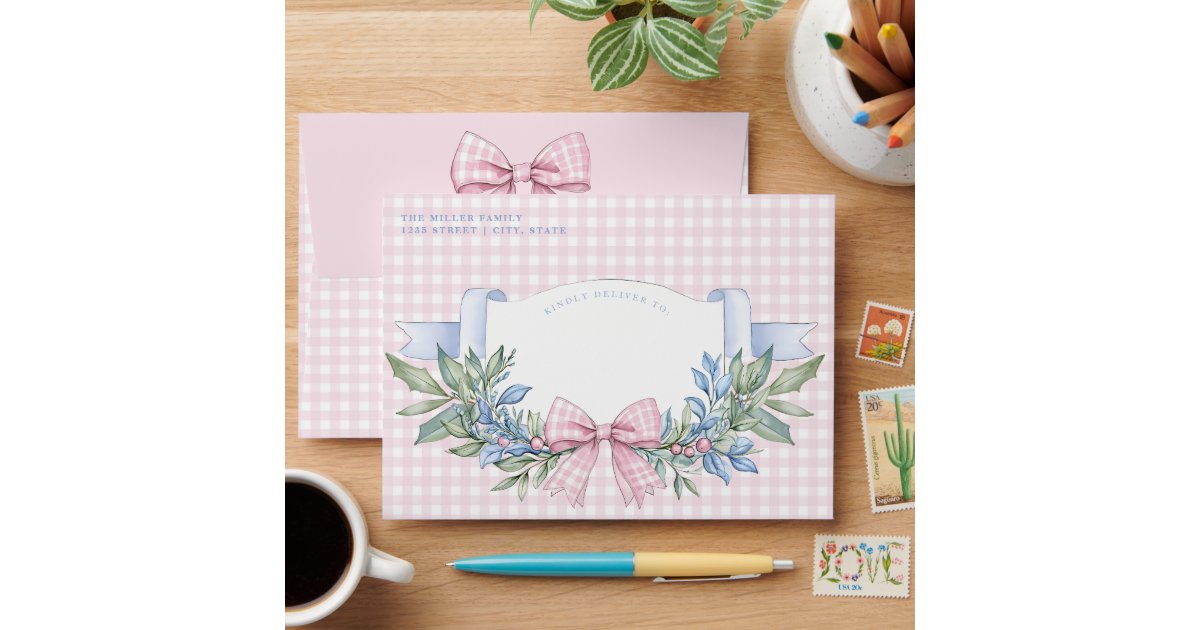 Preppy Pink Gingham Grandmillennial Envelope | Zazzle