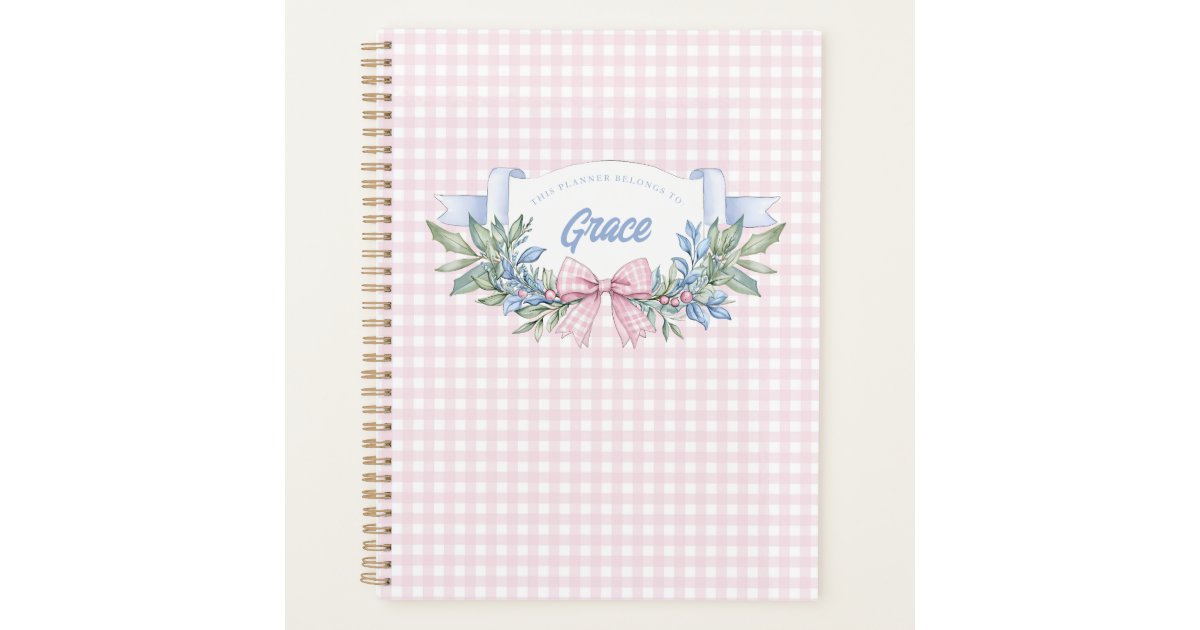Preppy Pink Gingham Grandmillennial Planner | Zazzle