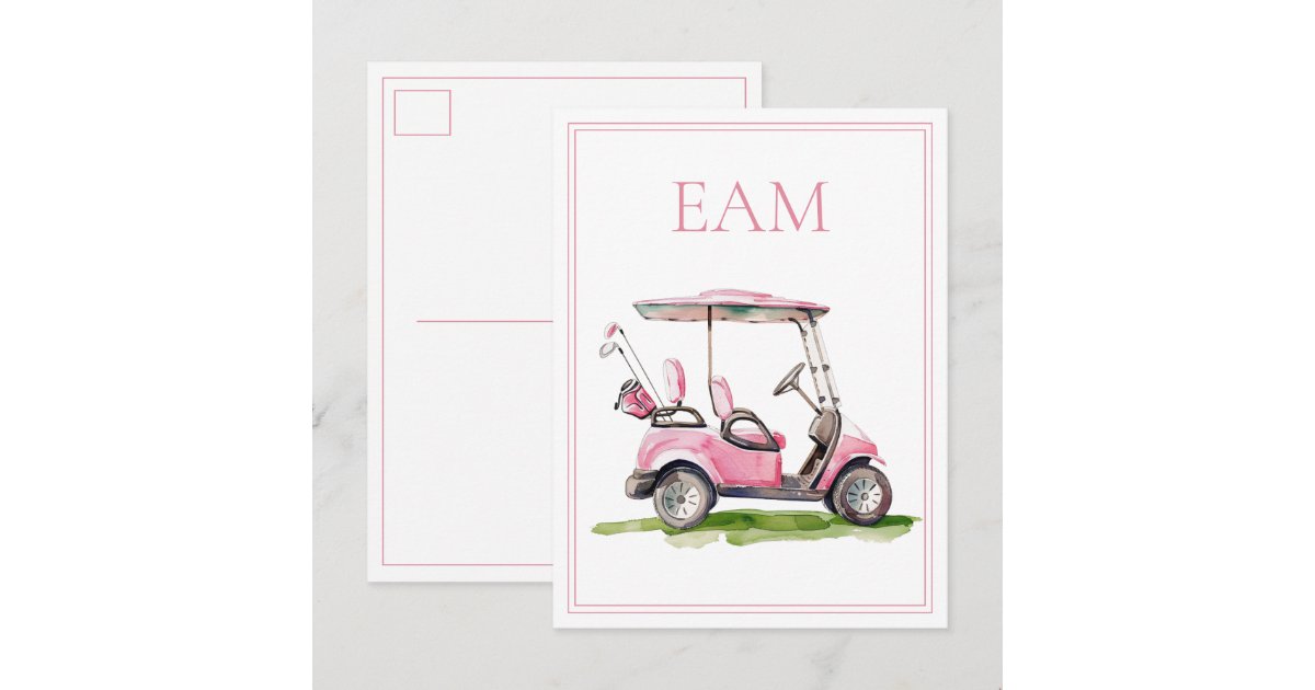 Preppy Pink Golf Cart Monogram Postcard | Zazzle