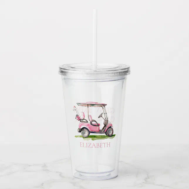 Preppy Pink Golf Cart Personalized Acrylic Tumbler | Zazzle