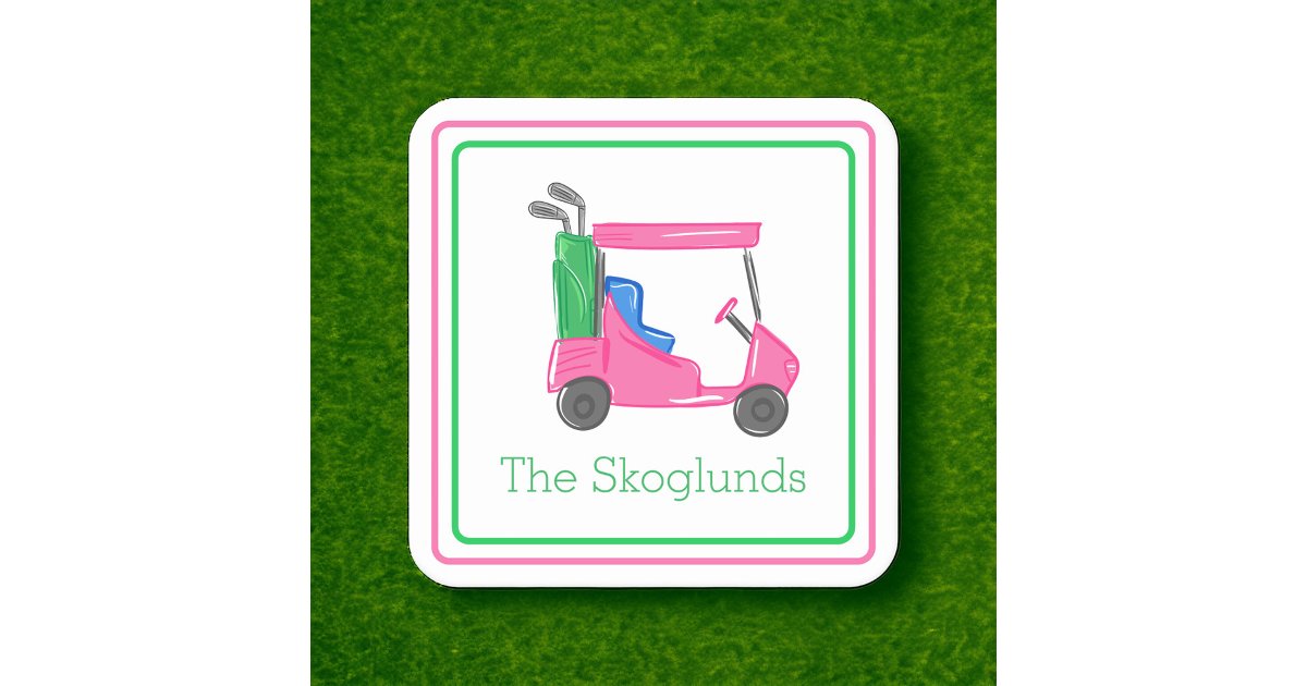 Preppy Pink Golf Cart Personalized Border Gift Note Card | Zazzle