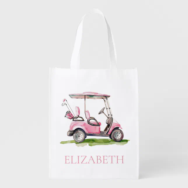Preppy Pink Golf Cart Personalized Grocery Bag | Zazzle