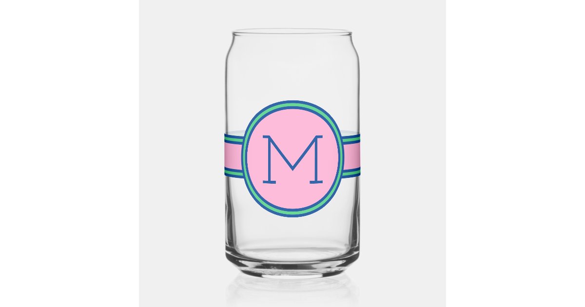 Preppy Pink Green and Navy Blue Monogram Can Glass | Zazzle