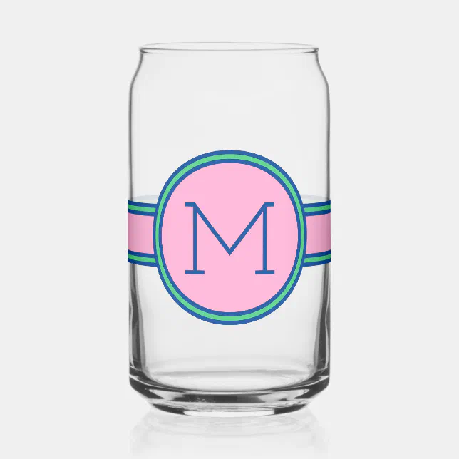 Preppy Pink Green and Navy Blue Monogram Can Glass | Zazzle