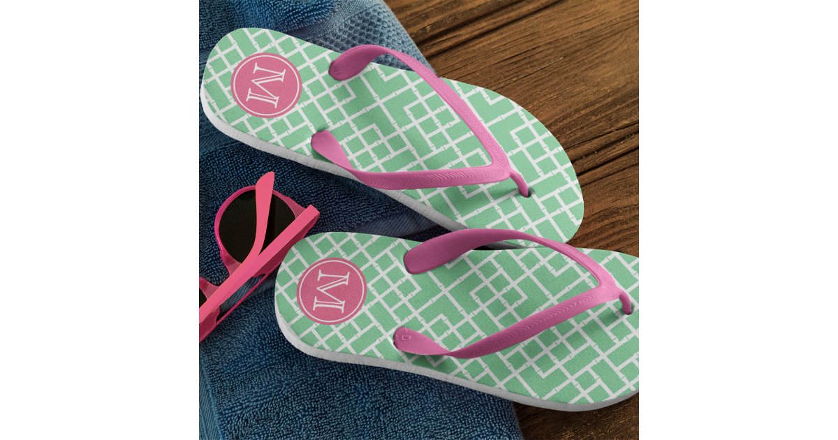 Preppy Pink & Green Bamboo Lattice Monogram Flip Flops | Zazzle