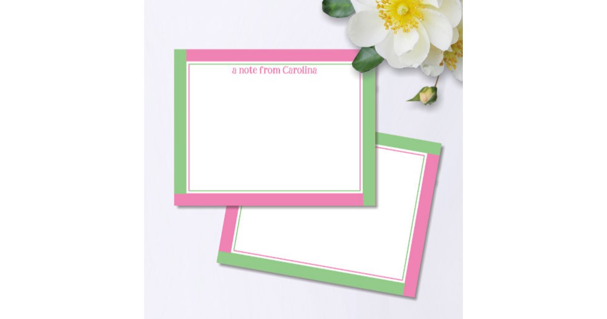 Preppy Pink & Green Border Custom Name Stationery Note Card | Zazzle