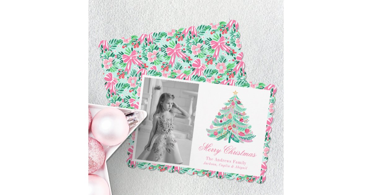 Preppy Pink & Green Palm Beach Christmas Tree Holiday Card | Zazzle