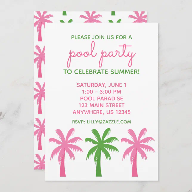 Preppy Pink & Green Palm Trees Party Invitations | Zazzle
