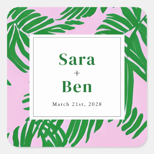 Preppy Pink + Green Palm Trees Wedding Square Sticker | Zazzle