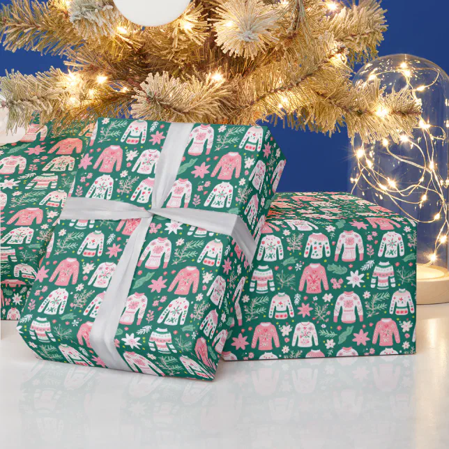 Preppy Pink & Green Ugly Christmas Sweaters Wrapping Paper | Zazzle