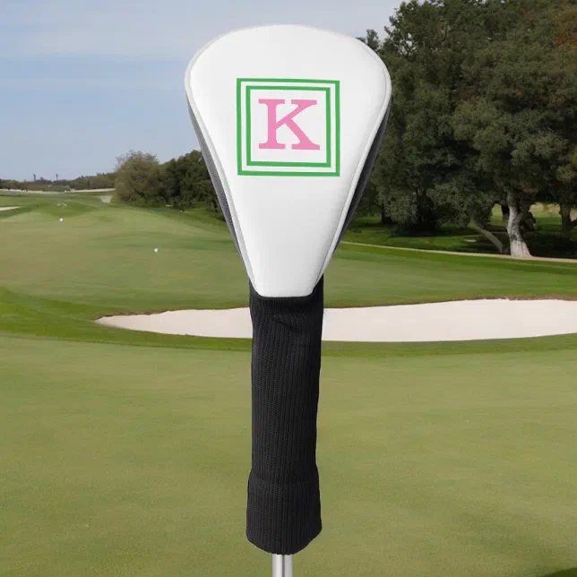 Preppy Pink Monogram with Green Border Golf Head Cover | Zazzle
