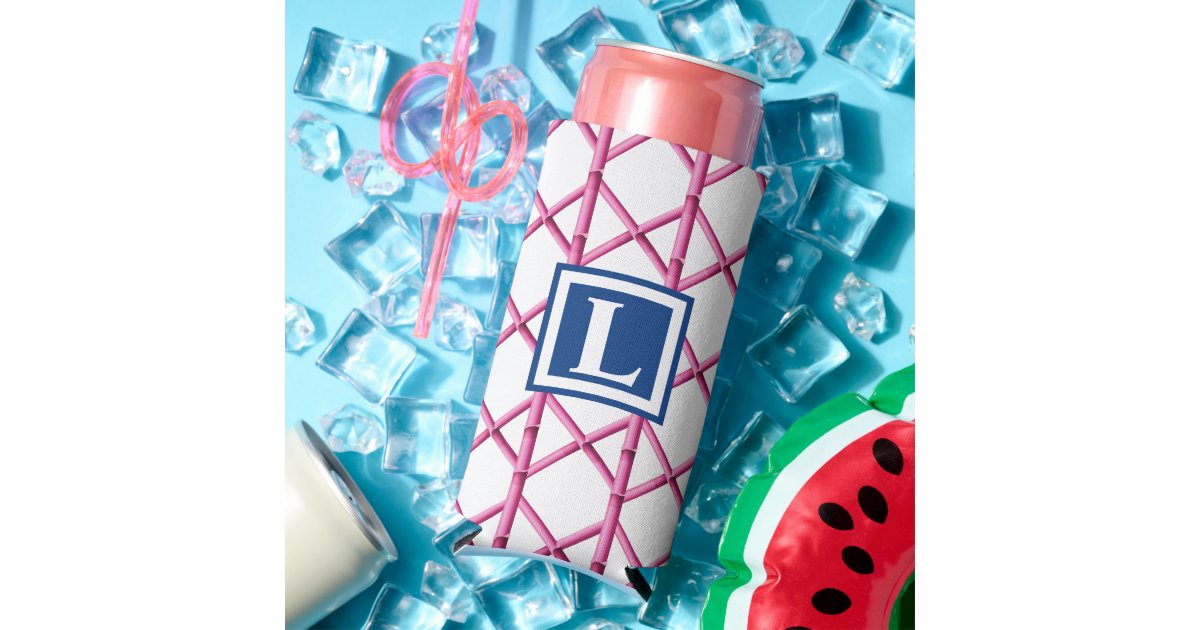 Preppy Pink Navy Trellis Bamboo Pattern Monogram Seltzer Can Cooler ...