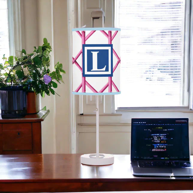 Preppy Pink Navy Trellis Bamboo Pattern Monogram Table Lamp | Zazzle