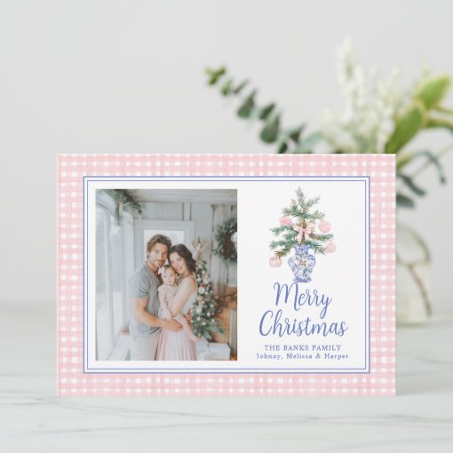 Preppy Pink Ornaments Watercolor Christmas Tree Holiday Card | Zazzle