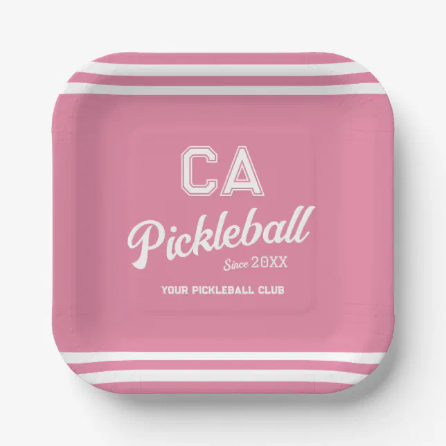 Preppy Pink Pickleball Club Custom Crest Party Paper Plates | Zazzle