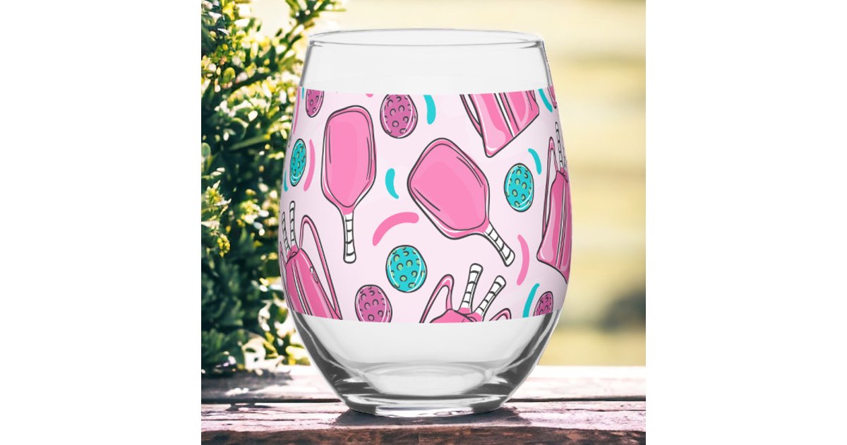 Preppy Pink Pickleball Paddles & Bags Stemless Wine Glass | Zazzle