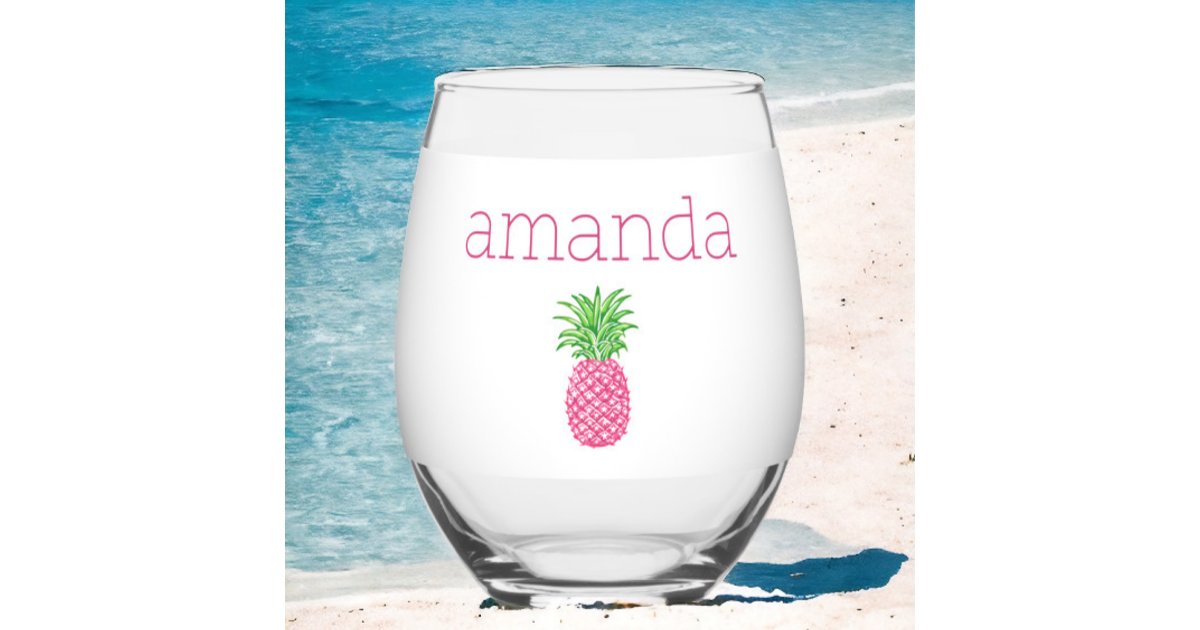 Preppy Pink Pineaaple Personalized Stemless Wine Glass | Zazzle