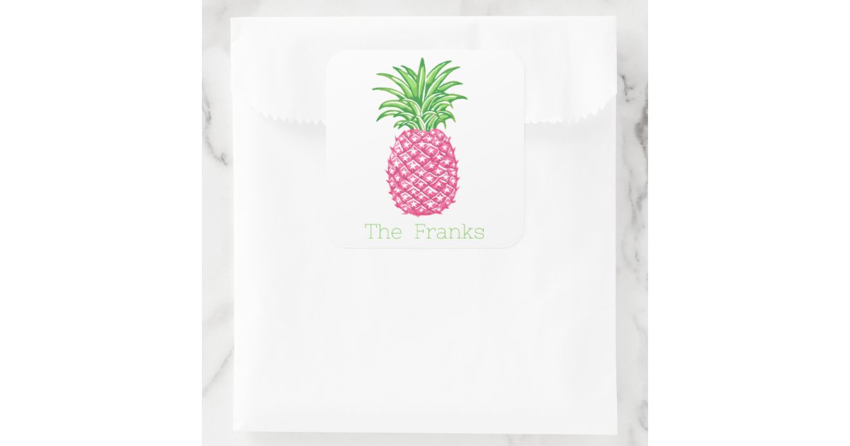Preppy Pink Pineapple Stars Personalized Square Sticker | Zazzle
