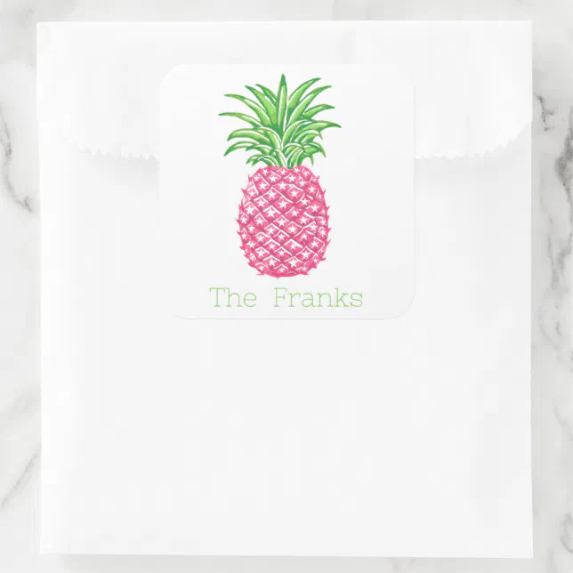 Preppy Pink Pineapple Stars Personalized Square Sticker | Zazzle