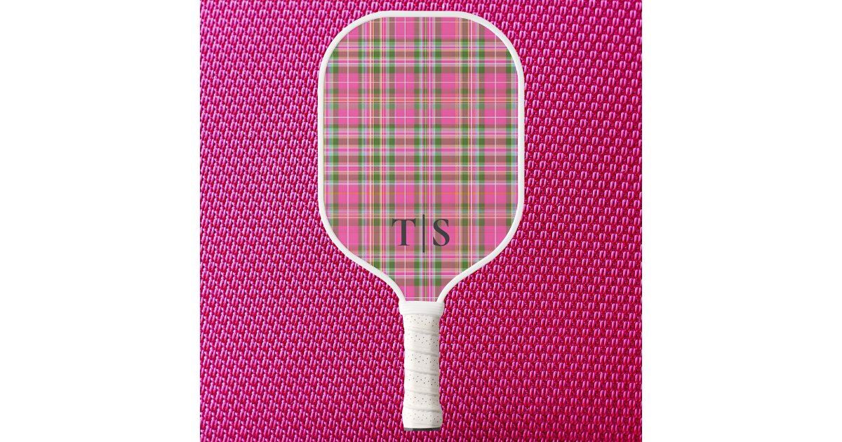 Preppy Pink Plaid Monogram Girly Tartan Pickleball Paddle | Zazzle