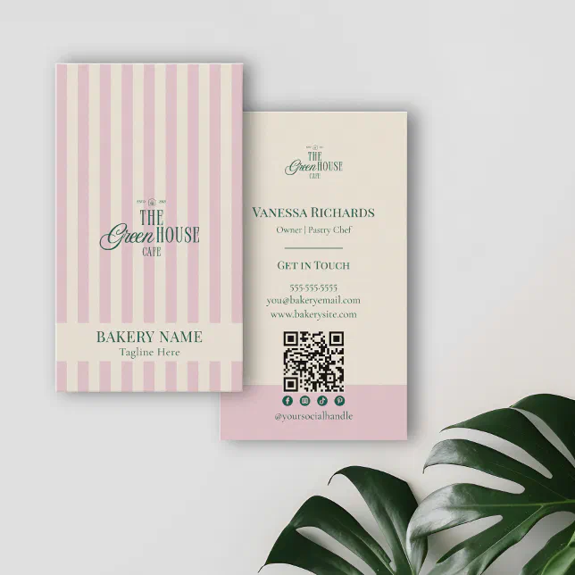 Preppy Pink Stripes Green Bakery Logo QR Code Business Card | Zazzle